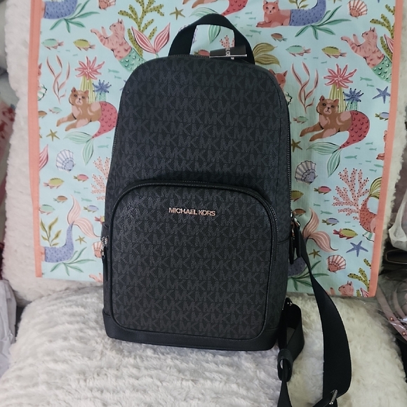 Michael Kors | Bags | Michael Kors Black Backpack Monogram Design Nwt ...